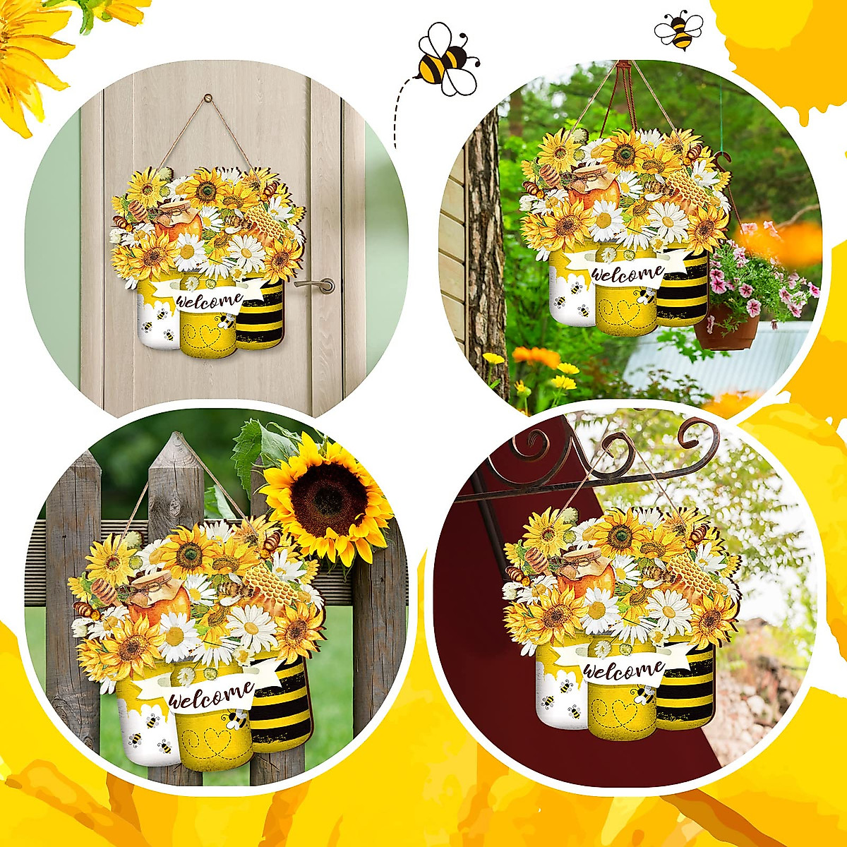 Spiareal Bee Welcome Wood Door Yellow Bee summer Hanger Wooden Sign Farmhouse Wall Porch Art Summe Wreath Hanging for Front Door Decoration