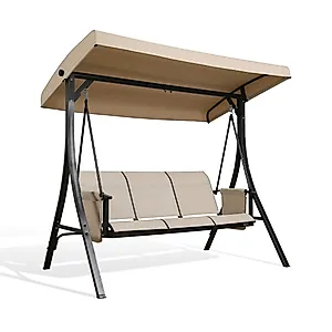 Patio 3-Seat Textilene Porch Swing, Outdoor Swing Glider with Stand and Adjustable Polyester Canopy (Beige)