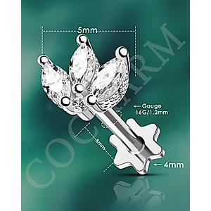 COCHARM 16g Marquise Flower Cartilage Earring Stud for Women Flat Back Cartilage Studs CZ Marquise Internally Threaded Conch Piercing Jewelry 16g Conch Studs