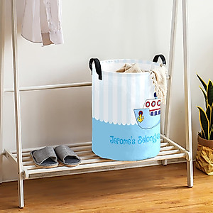Custom Laundry Hamper, Cartoon Striped Blue Ship Boat Laundry Basket Round Clothes Storage Basket for Bedroom, 14.17x19.68 in
