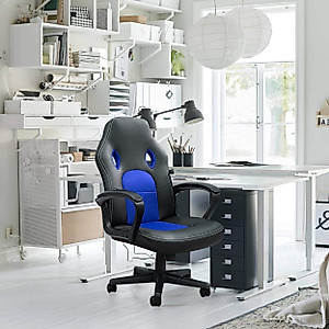 Furmax Blue Leather Office Chair with Adjustable Swivel Base, Padded Armrests and Lumbar Support