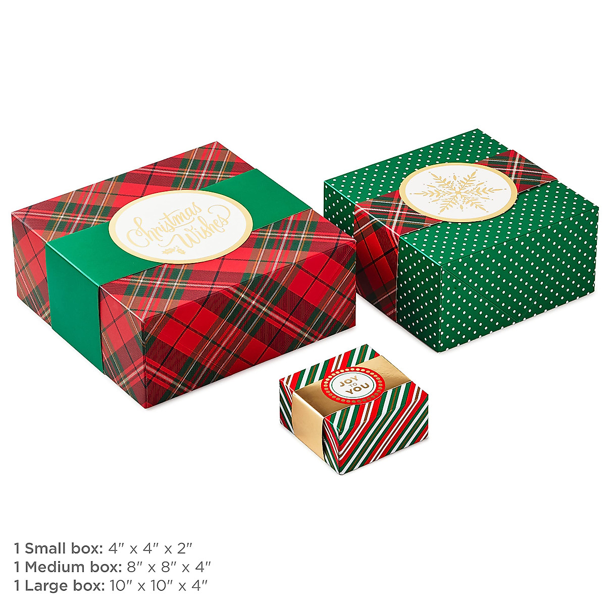 Hallmark Christmas Gift Boxes 3-Pack Assorted Sizes (Red & Green Stripes, Plaid, Polka Dots) for Hostess Gifts, Holiday Parties, Wrapped Treats