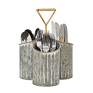 3 Compartment Vintage Galvanized Utensil Holder for Countertop Organizer, Multi-Purpose Caddy (Rustic, 7.8 x 8 x 10.6 In)