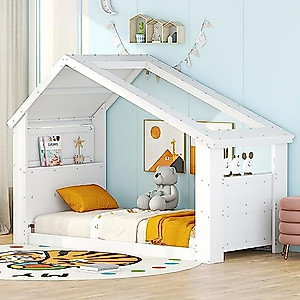 Bellemave House Floor Bed for Kids, Twin Montessori Bed Frame with with LED Light, Storage Headboard & Footboard, Wood Tent/Cabin Beds for Girls Boys Teens, White