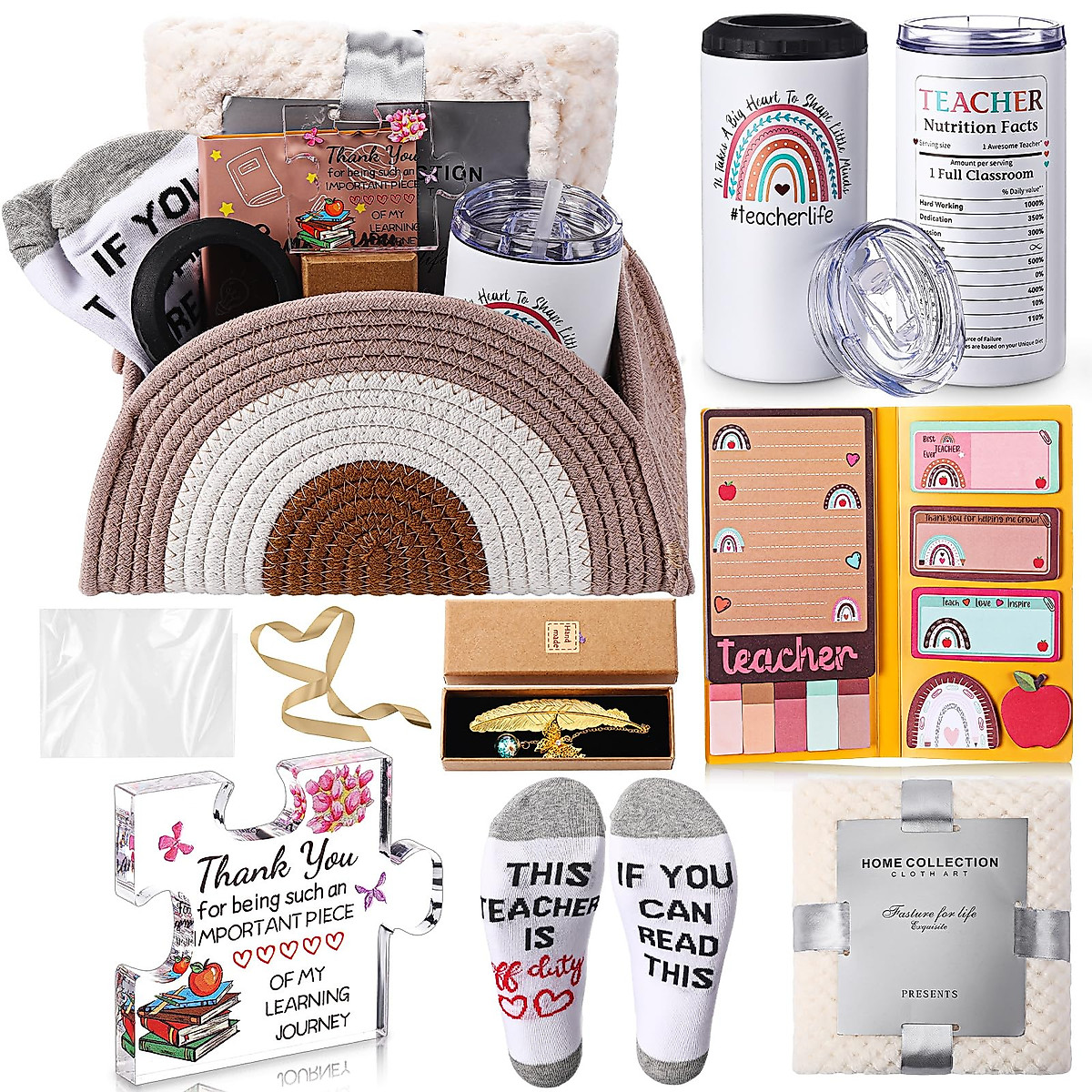 Zopeal Teacher Appreciation Gift Set 9 in 1 Teacher Birthday Favor Thank You Woven Basket Tumbler Thank You Gifts for Man Woman Valentines Mothers Day(White)