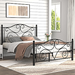 VECELO Queen Size Bed Frame with Headboard and Footboard, Heavy Duty Metal Slat Support, Platform Mattress Foundation, No Box Spring Needed, Easy Assembly, Dark Black