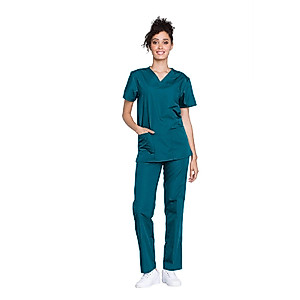Cherokee Adult's Unisex Top and Scrub Pant Set, Caribbean Blue, Medium