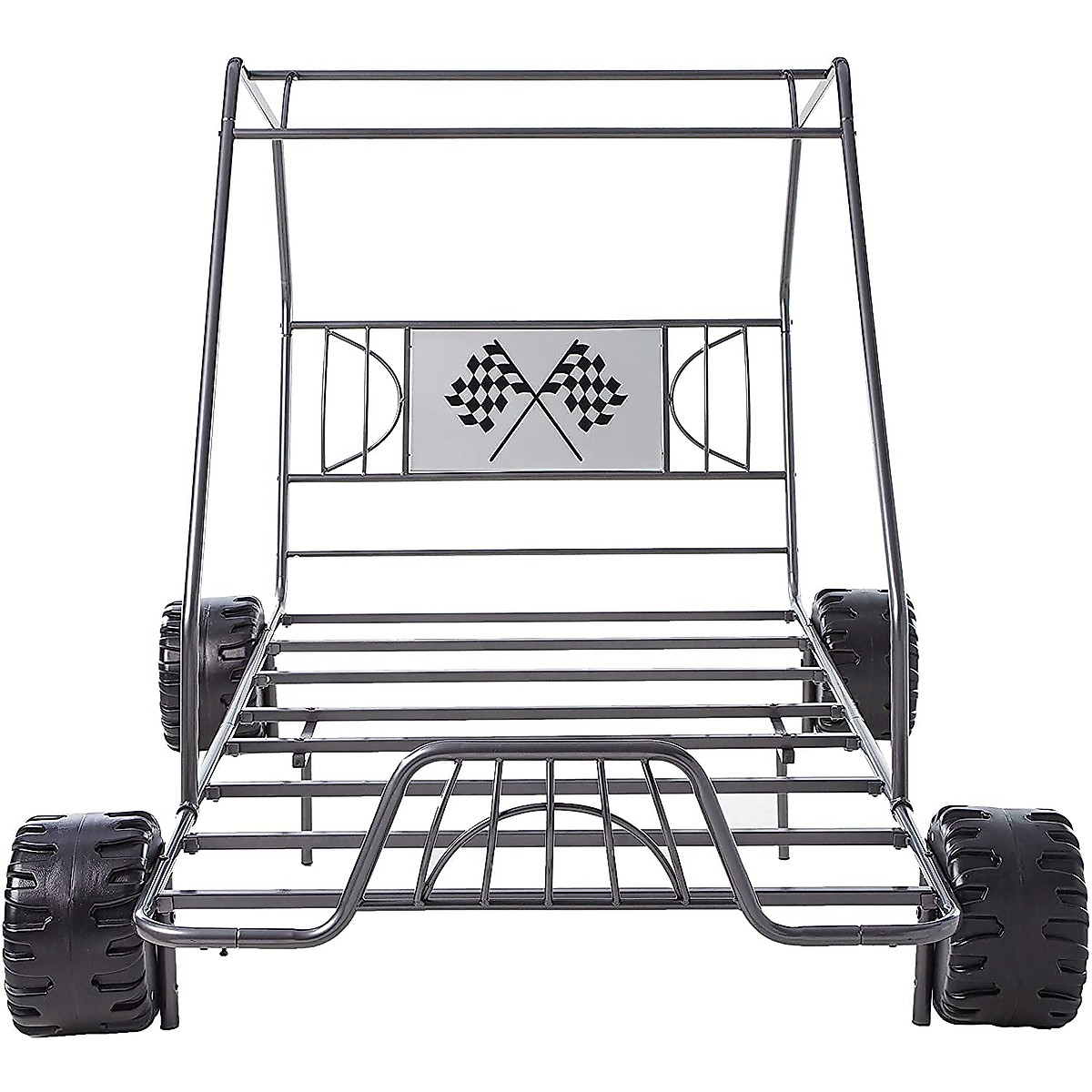 Metal Twin Size Kids Bed with Racer Cart Design ,Go Kart Car Bed for Boys, Twin Bed Frame with Four Wheels and Headboard ,Sturdy Slat System, No Box Spring Needed, Fit for Kids Teens Bedroom,Gunmetal