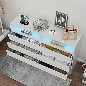 Loomie 6 Drawer Dresser for Bedroom, Wide Chest of Drawers with Charging Station and LED Lights, Traditional Bedroom Furniture, Modern Storage Dresser TV Stand for Living Room (White)