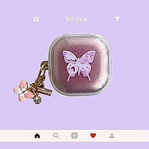 AOLABOKY Earphone Case for Samsung Galaxy Buds Live/Buds pro/Buds 2/Buds2 pro Charging Box,Beautiful Butterfly Shiny Transparent Headset Protective case with Keychain (Pink)