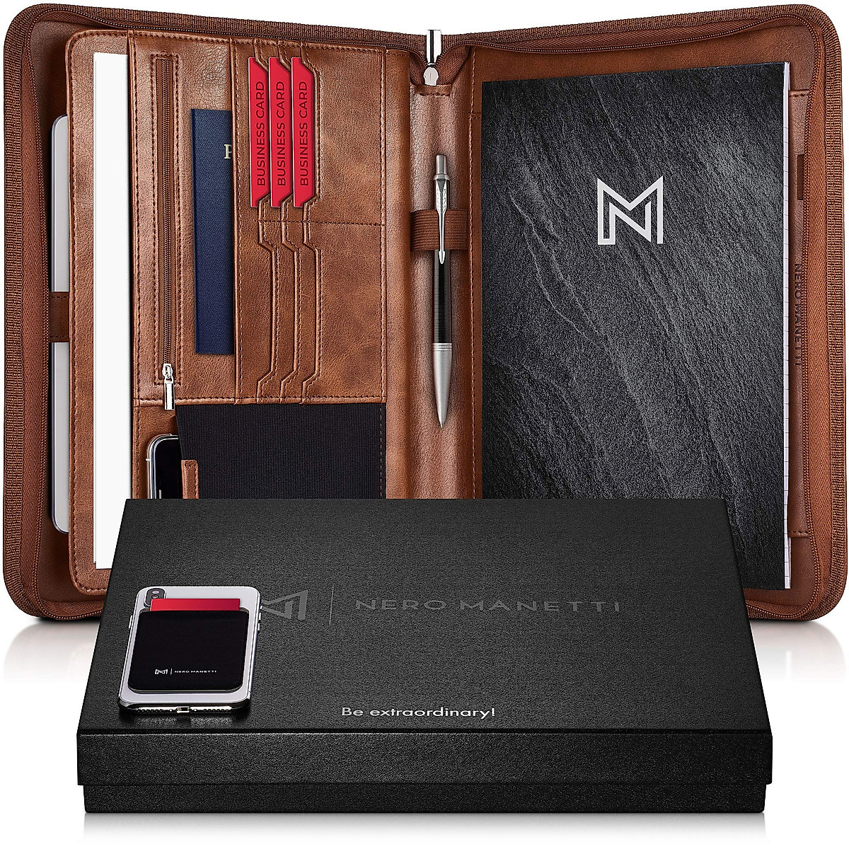 NERO MANETTI- Zippered Vegan Leather Padfolio/Portfolio Pad Holder-Business PU Leather Notepad Folder for Resumes, Interviews, iPad/Tablet, Phone, Legal Pad Notebook Executive Binder for Women, Men