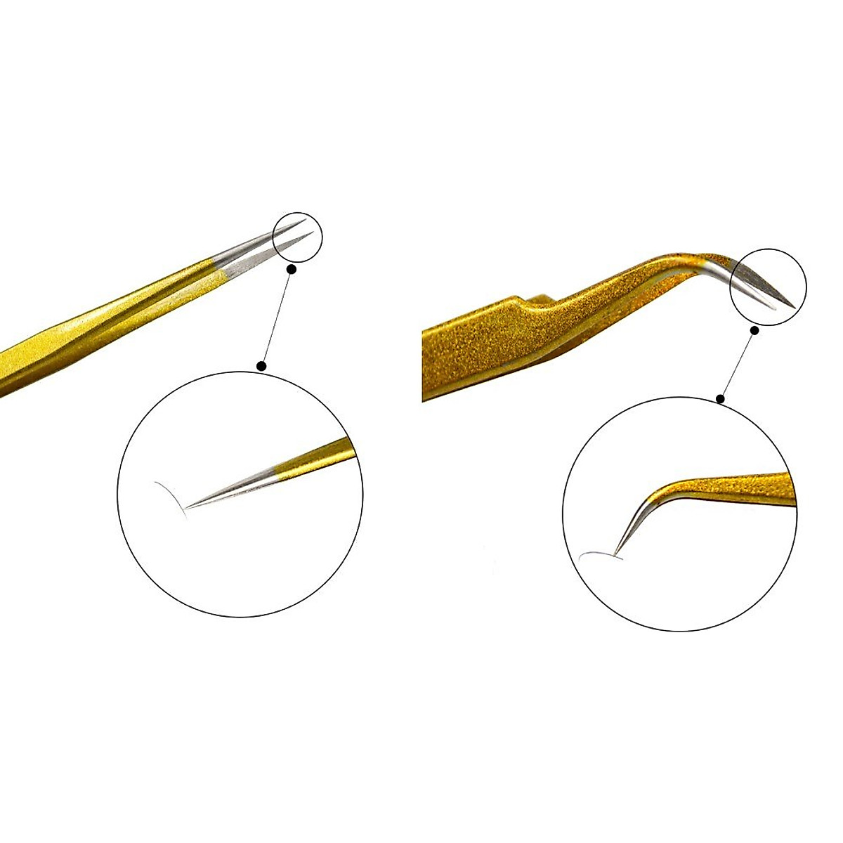 yueton 2pcs Gold Color Coated Stainless Steel Straight and Curved Head Tweezers with Leather Case for Eyelash Extension