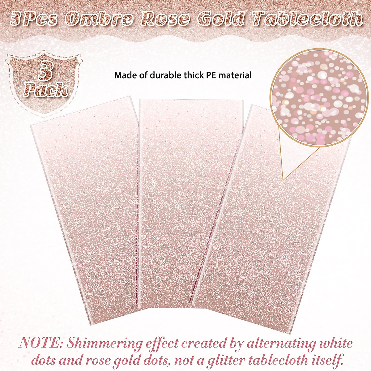 3 Pack Ombre Rose Gold Plastic Tablecloth for Parties, Gradient Pastel Rose Gold Disposable Tablecloths for Rectangle Tables, Light Pink Sprinkle Table Cover for Wedding Birthday Party, 54 x 108 Inch