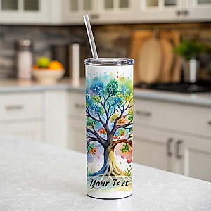 Personalized Custom Name Text Tree Of Life Rainbow Watercolor Skinny Tumbler 20oz with Straw Insulated Water Bottle Gift - 1 Line Horizontal