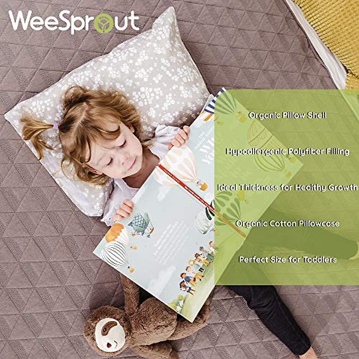 WeeSprout Toddler Pillow - Organic Cotton Shell & Pillowcase, Small Kids Pillow for Sleeping & Travel, Soft & Supportive Polyfiber Filling, Machine Washable, 18 x 13 x 3, White