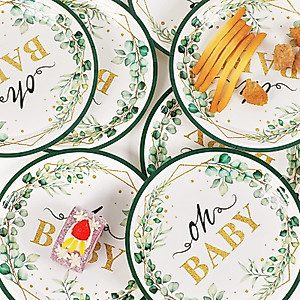 ZOIIWA 48 Pcs Oh Baby Eucalyptus Plates Baby Shower Party Supplies Sage Greenery Dessert Plates Greenery Disposable Paper Plates for Boys or Girls Gender Reveal Baby Shower Party Decorations Favors