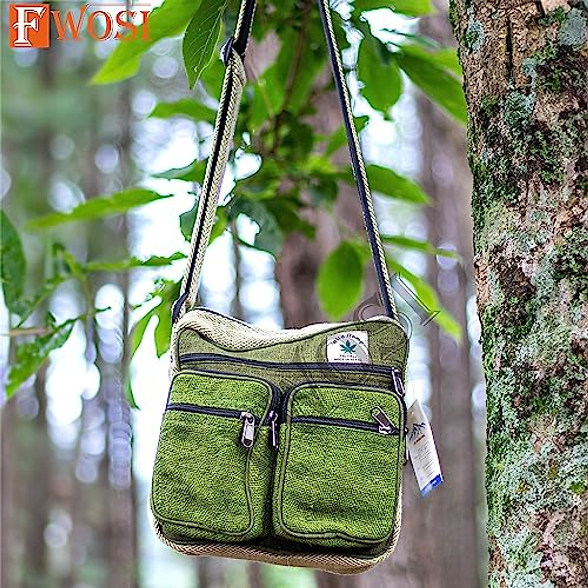 Fwosi Hemp Crossbody Messenger Bag - Unisex School Tote for Men & Women - Lightweight, Bohemian Shoulder Sling Bags - 4 Compartments, Zipper Closure, Adjustable Strap - Handmade in Nepal - Green