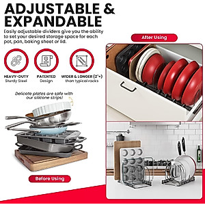 Better Things Home Expandable Pot and Pan Organizer Rack for Cabinet, Pot Lid Organizer Holder with 10 Adjustable Dividers, Anti-Scratch Padding - For Baking Sheet Organizer, Frying Pan Storage (Grey)