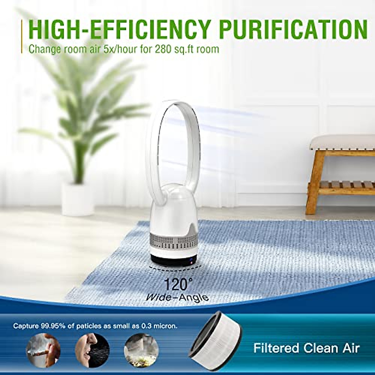 Mitcent Air Purifier Fan 26-Inch, with H12 HEPA Filter, Bladeless Tower Fan for Bedroom, Home and Office, MT1004 White