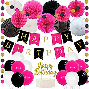 Birthday Decorations for Women Hot Pink and Black White Happy Birthday Bunting Banner Tissue pom Poms Paper Fans Circle Dots for Girls Birthday Party Supplies