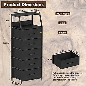 OGEMXU 5 Drawers Dresser for Bedroom, Nightstand with Drawers, Tall Dresser with Fabric Drawers, 2-Tier Wood Top Storage and Organization, Chest of Drawer for Small Space, Bedroom, Apartment, Black