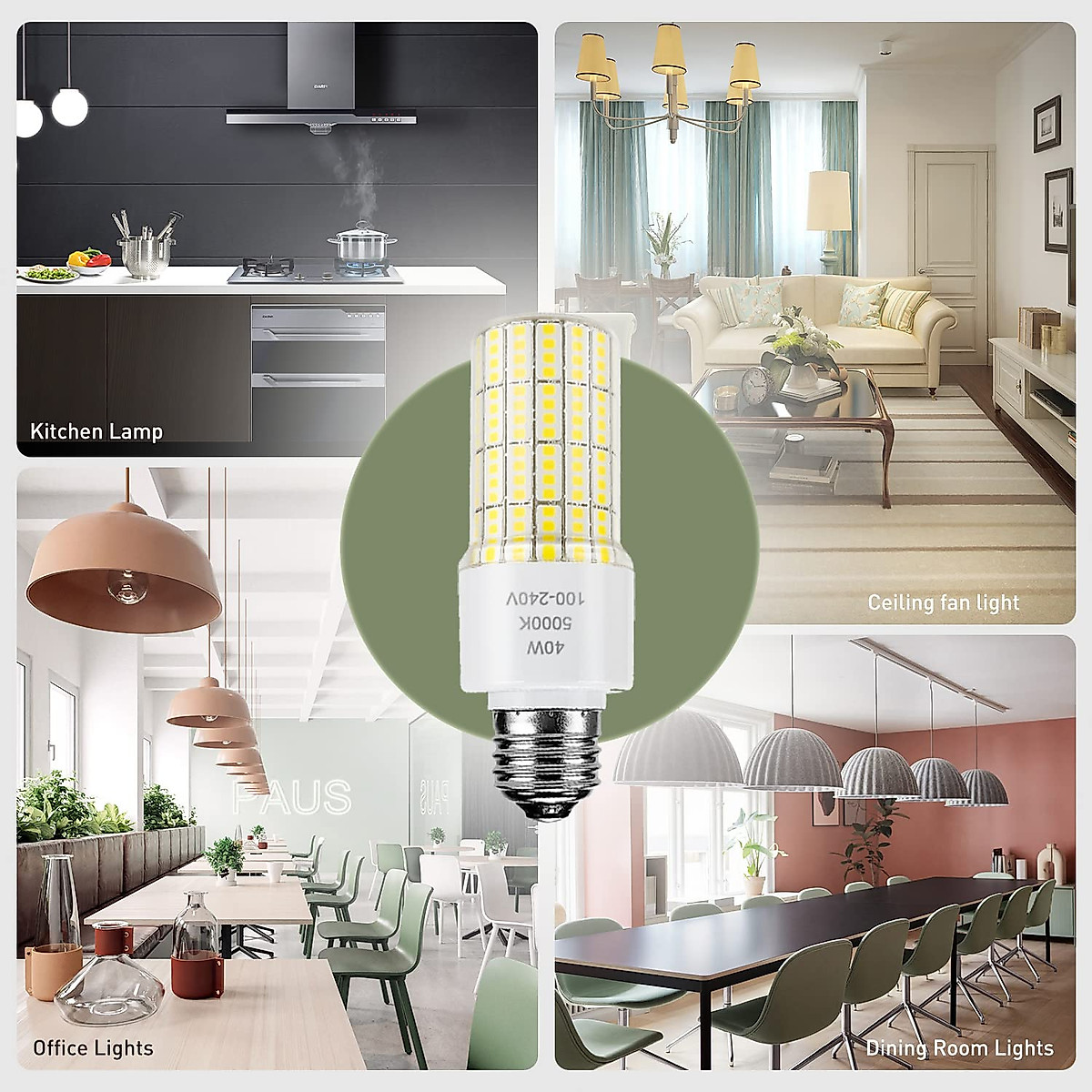 CA New Sunshine 2 Pack 40W Led Light Bulb(300W Equivalent) 5000 Lumens 5000K Daylight White Led Bulbs E26/E27 Medium Base for Indoor Outdoor Street Office Warehouse Workshop Garage Backyard