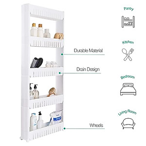 Simplify Slim Slide Out Storage Cart | Dimensions: 21"x 5"x 40.2" | 5 Tier | Ideal for Storage in Tight Spaces | Great for Kitchens | Bathrooms | Laundry Rooms | Home Organization | White