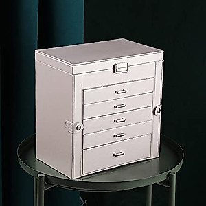 Frebeauty Large Jewelry Box,6-Tier PU Leather Jewelry Organizer with Lock,Multi-functional Storage Case with Mirror,Accessories Holder with 5 Drawers for Earrings Necklace Bracelets (Pearl White)