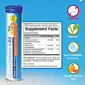 German Calcium + VIT. D - 240 Vegetarian Drink Effervescent Tablets - Orange-Grapefruit Flavor - Made in Germany