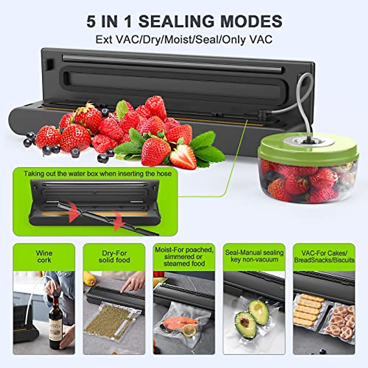 BEYUAM Vacuum Sealer, Food Saver Vacuum Sealer Machine with Auto&Manual Options for Food Storage, 5 in1 Food Vacuum Sealer with Dry&Moist Modes, LED Indicator Lights, Compact Design, Includes 15PCS Vacuum Seal Bags,1 Air Suction Hose, 1Cutter (Black)