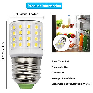 LED Refrigerator Light Bulb 4W 40W Equivalent E26 Medium Base Compact Corn Lamp T10 Tubular A15 Fridge Freezer Waterproof Appliance Ceiling Fans Home Lighting 100-265V Daylight White 5000K, Pack of 1