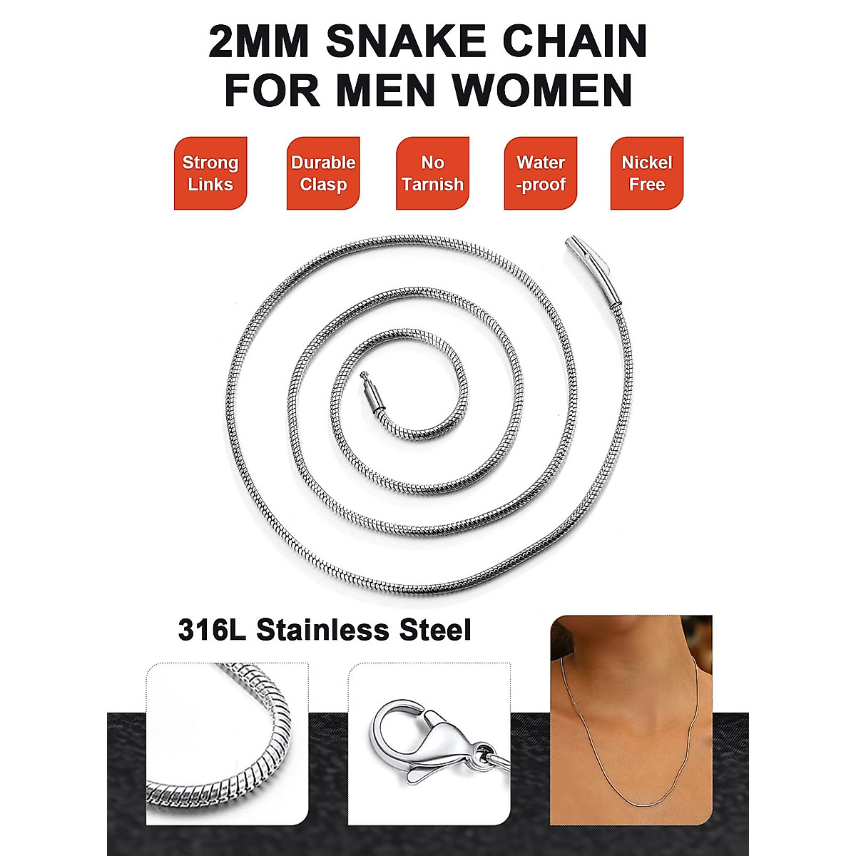 Classy Snake Chain Jewelry Women DIY Slim Chain Necklace 22 Inch 2MM Shiny Charms