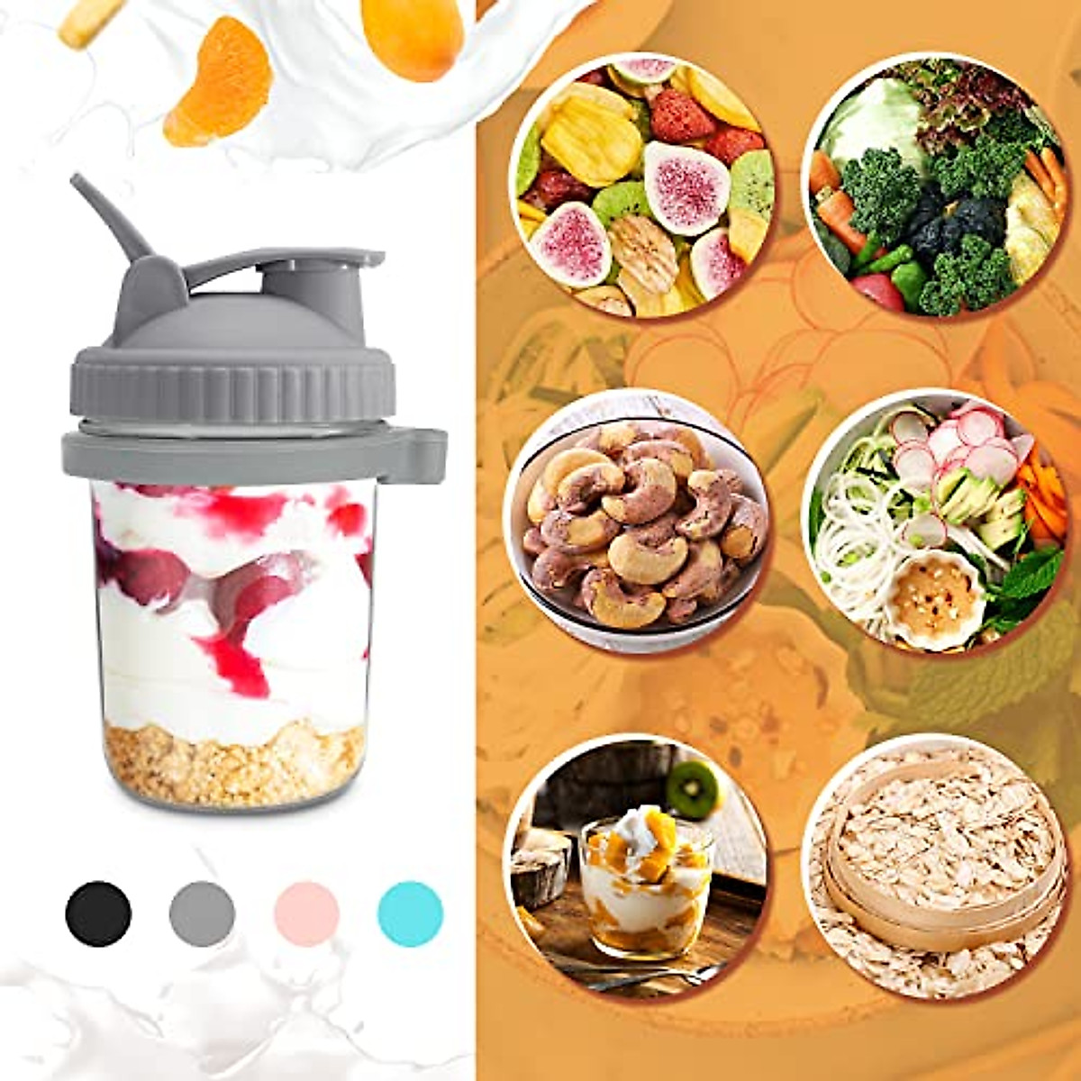 DNANAOL Overnight Oats Containers with Lids - 16 oz Overnight Oats Jars Set of 4, Reusable Yogurt Mason Jars with Lids & Spoons, Large Capacity Airtight Jars for Milk, Cereal, Fruit To Go Containers