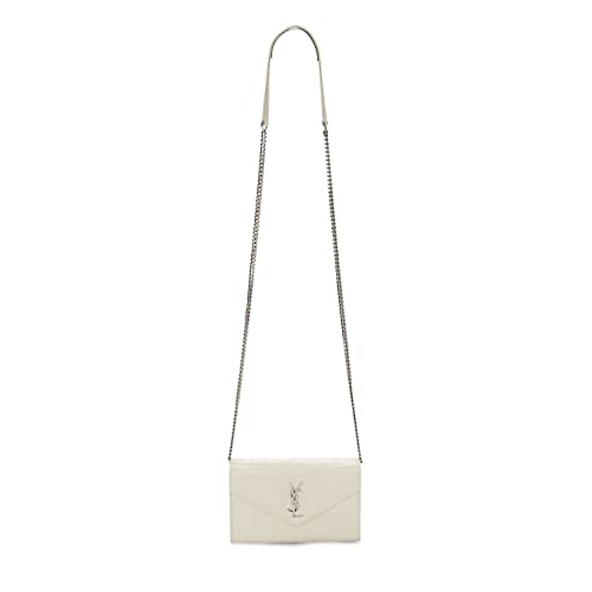 Yves Saint Laurent, Pre-Loved White Grained Calfskin Envelope Wallet-On-Chain (WOC), White