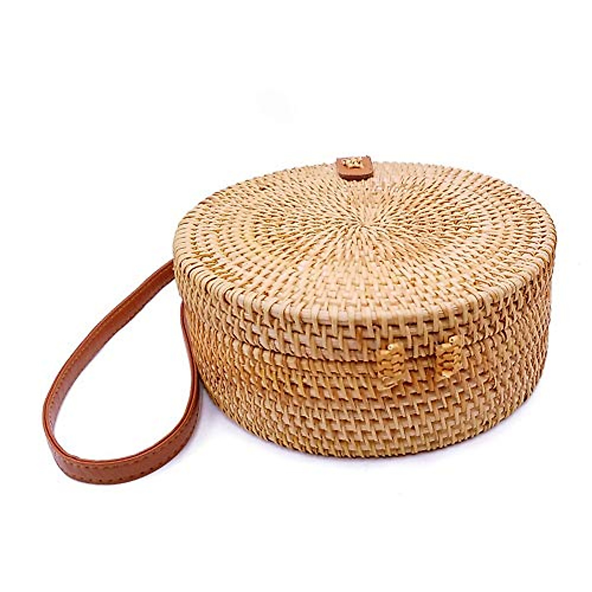 Yunno Handwoven Round Rattan Bag Tropical Beach Style Woven Shoulder Rattan Bag with Leather Strap