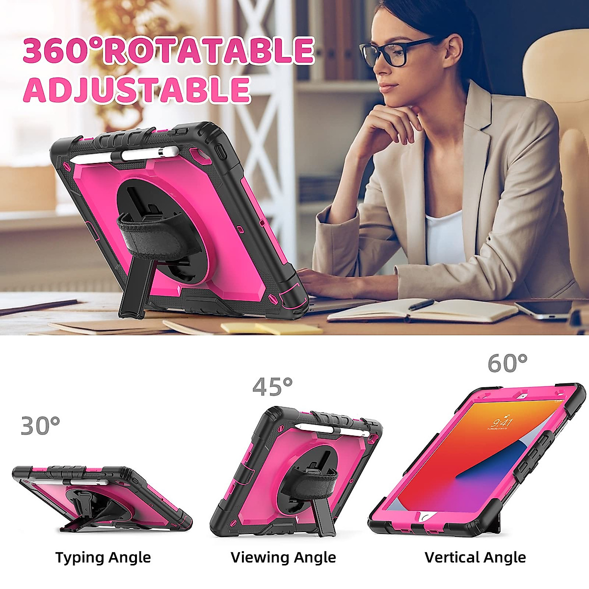 BLOSOMEET Case for iPad 9th Generation 2021 10.2 Inch with Tempered Glass Screen Protector & Pencil Holder,Protective Kids iPad 7th/8th Gen Cover 2020 2019 w/Stand Hand Shoulder Strap,Rosered