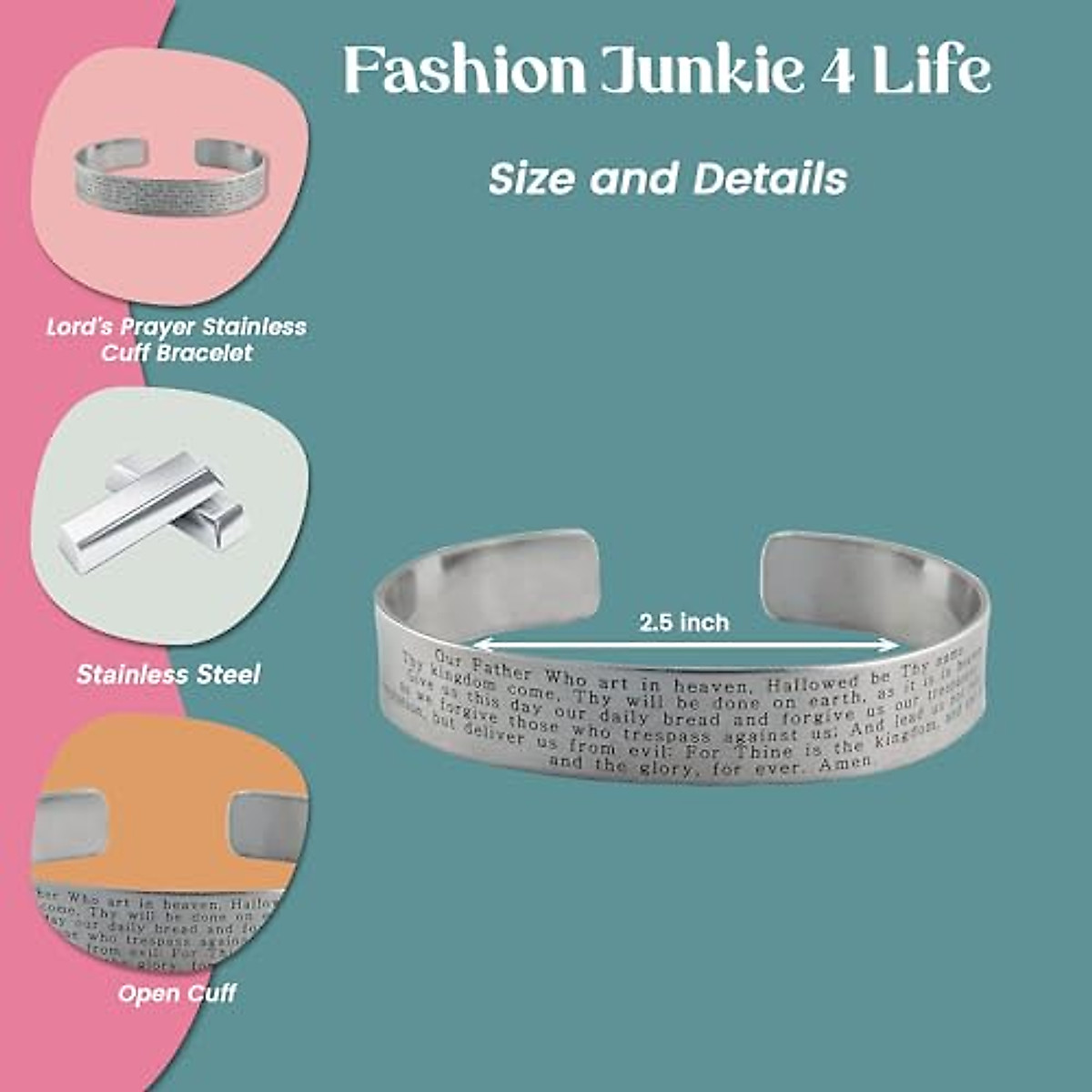 FashionJunkie4Life The Lord's Prayer Engraved Stainless Steel Cuff Bracelet