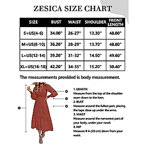 ZESICA Women's 2023 Casual Long Sleeve Crew Neck High Waist Smocked Flowy Tiered Midi Dress,Rust,Medium