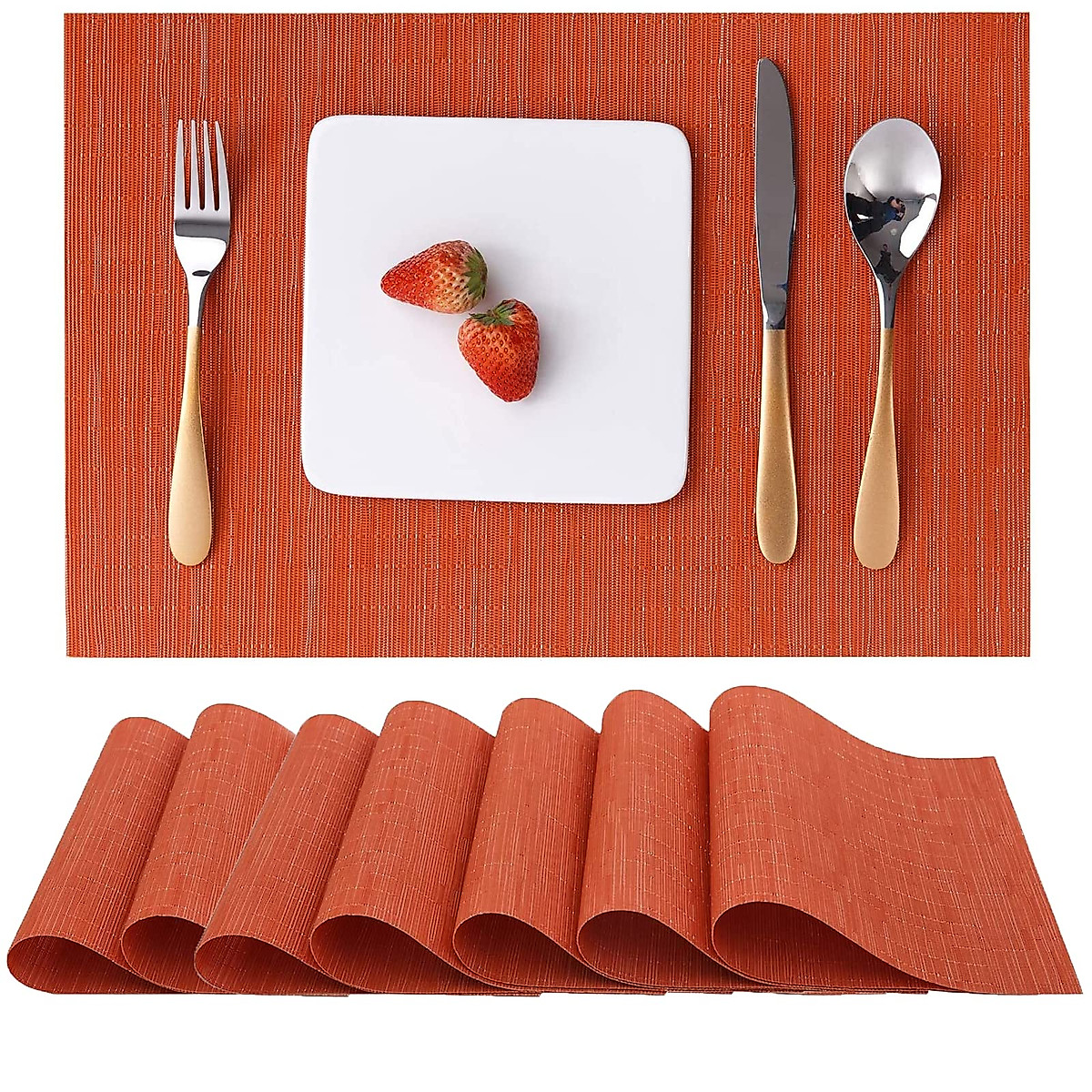 Myir JUN Place Mats, Table Mats Set of 8 Indoor Placemats Washable Non-Slip Heatproof Woven Placemats for Dining Table Fabric Place Mat PVC (Orange, Set of 8)