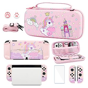 GLDRAM Carrying Case Compatible with Nintendo Switch OLED Cover, Pink Unicorn Case Bundle with Travel Case, Hard PC Shell, Screen Protector, Thumb Caps, Shoulder Strap, Cute Accessories Kit for Girls