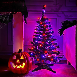 8 Modes TURNMEON 3 Ft Halloween Black Tree Decor with Timer 50 LEDs Lights Small Halloween Tree Battery Powered Artificial Black Xmas Tabletop Halloween Tree Decorations Home Indoor Outdoor Party
