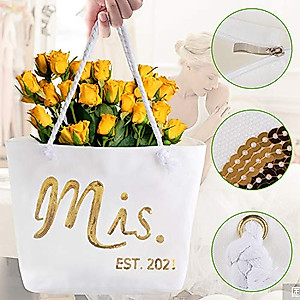 Wifey Bride Tote Bag for Wedding with Zipper Mrs. EST. 2021 Large Beach Shoulder Bride Bag for Engagement with Gold Sequin Shower Honeymoon Gift White