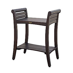 DecoTeak Symmetry Teak Shower Bench 24" Long Extended Height Wood Shower Stool with Shelf and LiftAide Arms Shower Bench in Woodland Brown Finish
