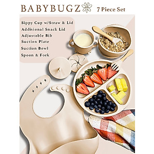 BabyBugz 7 Piece Baby Silicone Feeding Set, Baby Led Weaning Supplies with Silicone Suction Baby Bowls, Baby Silicone Plate With Suction and Baby Bibs, Baby Essentials Led Weaning Utensils (Sand)