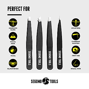 Segomo Tools 4 Piece Tweezer Set - Tweezers For Women - Ingrown Hair Removal Kit - Eyebrow Plucker - Precision Tweezers - Flat, Angled, Slant & Pointed Tweezers - TW004