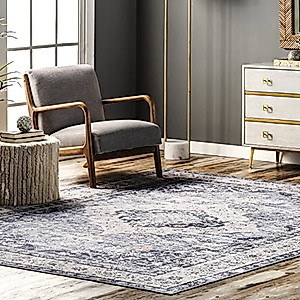 nuLOOM Elsa Floral Blossom Machine Washable Ultra Thin Area Rug, 8' x 10', Blue