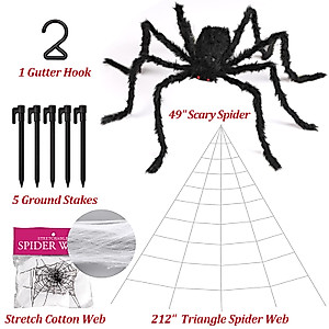 EZIGO Halloween Spider Decorations 3PCS Giant Spider Huge Spider Web Stretch Web Component of Huge Spider and Mega Spider Web Halloween Party Supplies Yard Halloween Outdoor Décor Haunted Decoration