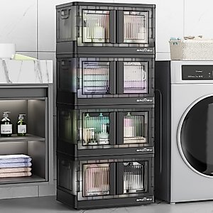 BROVIEW V6 Storage Bins with Lids, 136 QT Stackable Storage Bins with Wheels, Collapsible Storage Bins with Doors, Folding Storage Cabinets for Closet, Home Office Dorm Organizer Essential, Black