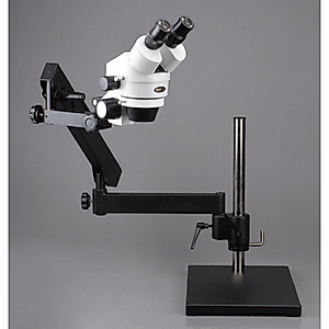 AmScope SM-7BY-FRL Professional Binocular Stereo Zoom Microscope, WH10x Eyepieces, 7X-90X Magnification, 0.7X-4.5X Zoom Objective, 8W Fluorescent Ring Light, Articulating-Arm Boom Stand, 110V-120V, Includes 2.0X Barlow Lens