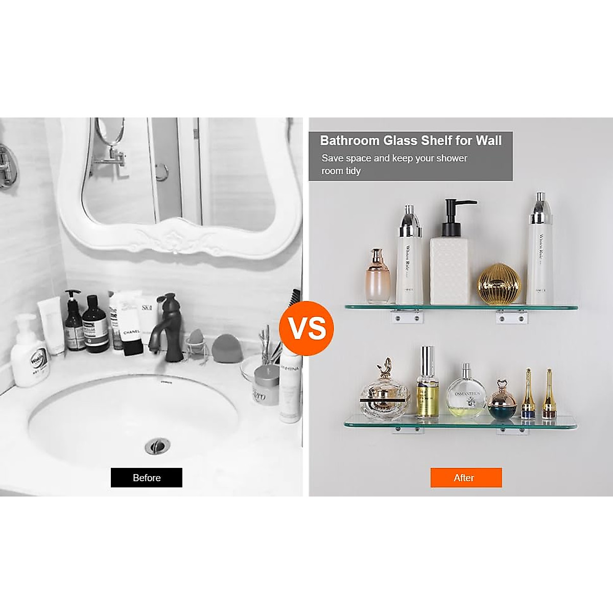 Koilria Glass Shelves, Glass Shower Shelves for Bathroom Tempered Glass Floating Shelves for Wall with Aluminum Brackets, 2 Tiers, 15 x 5 Inches, Drill or No Drill Install